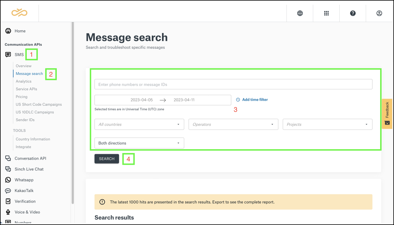 Searching for SMS Messages using the Build Dashboard - Sinch Community ...