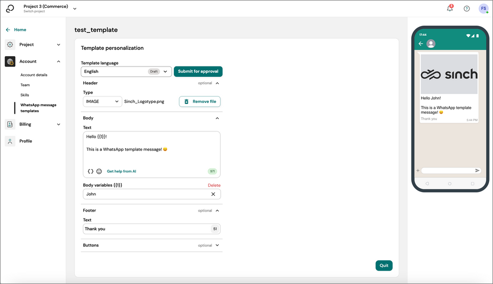 Create a WhatsApp message template - new experience - Sinch Community ...
