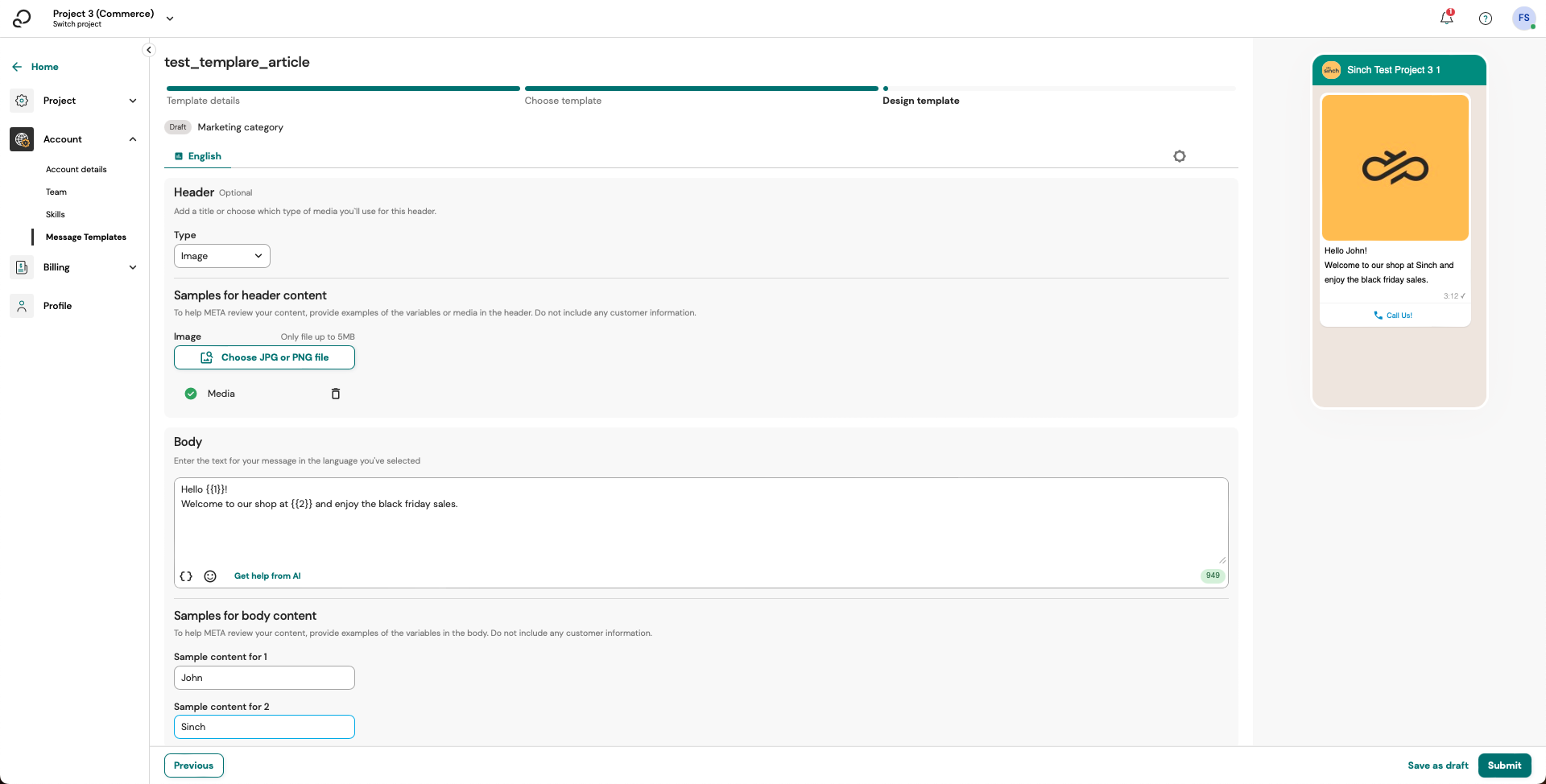 Create a WhatsApp message template - new experience - Sinch Community ...